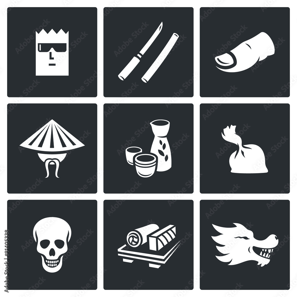 Yakuza, Japans organized crime icons set. Vector Illustration. Stock ...