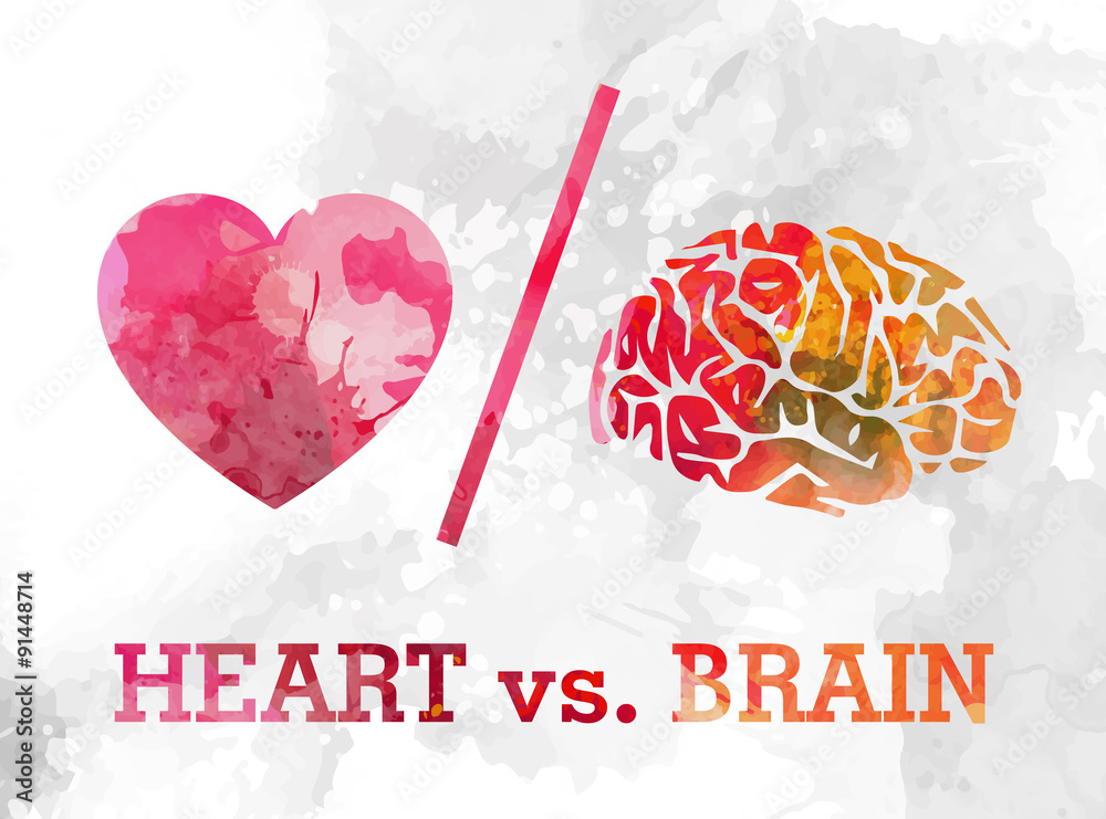 heart and brain, love and logic conflict watercolor vector illustration ...