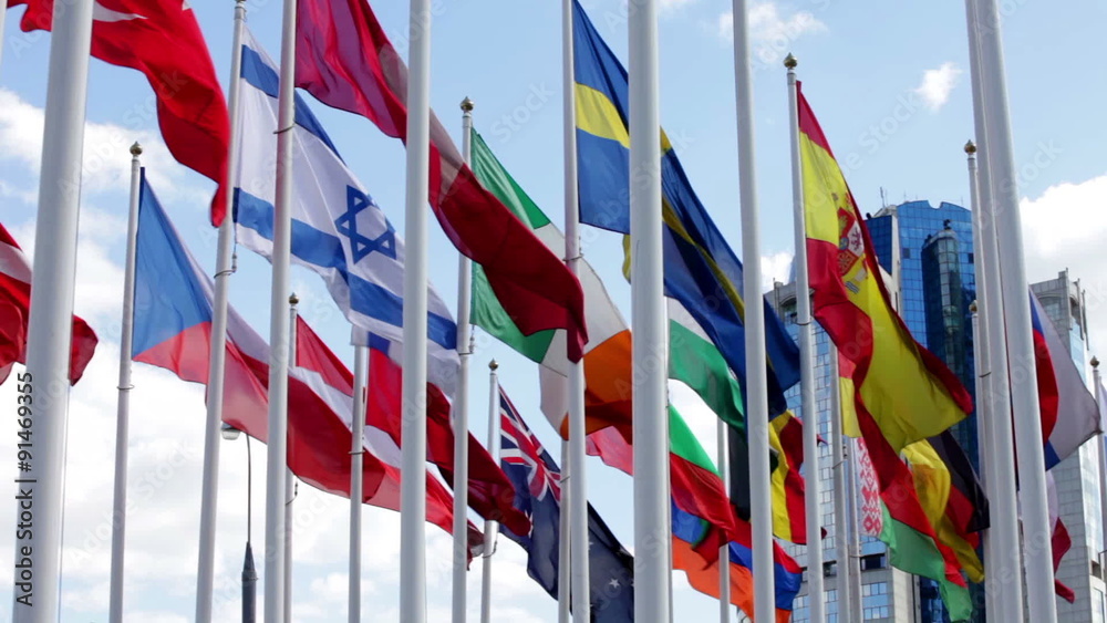 Flags of different countries flapping in wind Stock Video | Adobe Stock