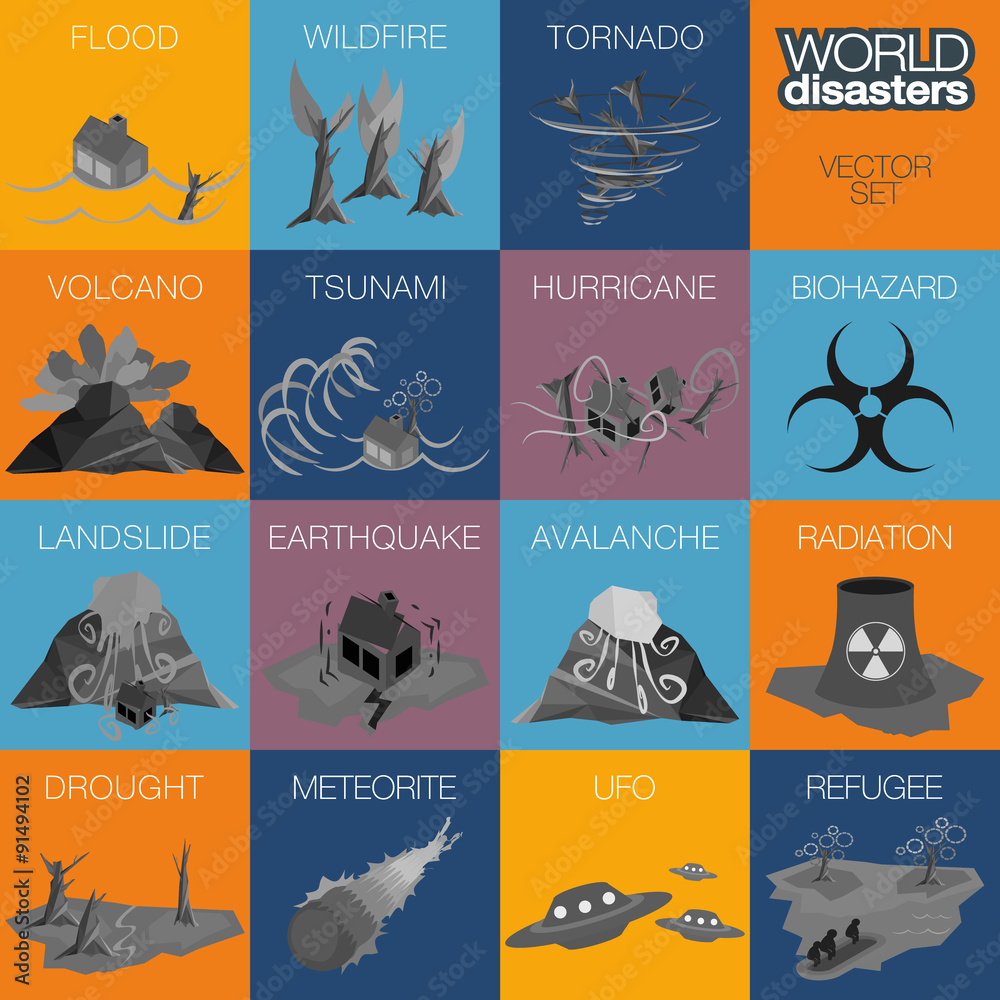 Different disasters icons. Flood, wildfire, tornado, hurricane, volcano ...