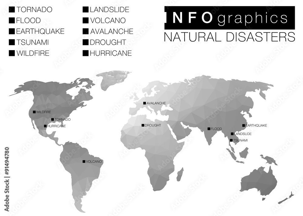 Colorfull infographic map of nature disasters in earth. Stock Vector ...