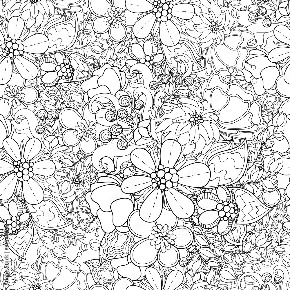 Zentangle Hand Drawn Floral Seamless Pattern Doodle Flowers Black And
