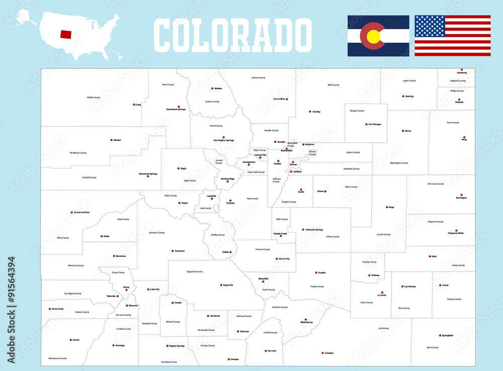 A large and detailed map of the State of Colorado with all counties and ...