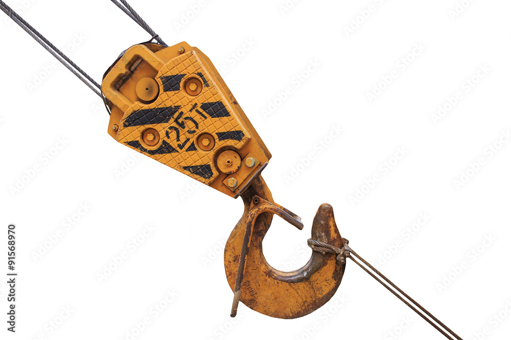Cargo crane hook with ropes. Cargo crane hook with ropes at work ...