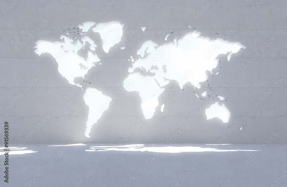 World map window in concrete wall - 3D render Stock Illustration ...