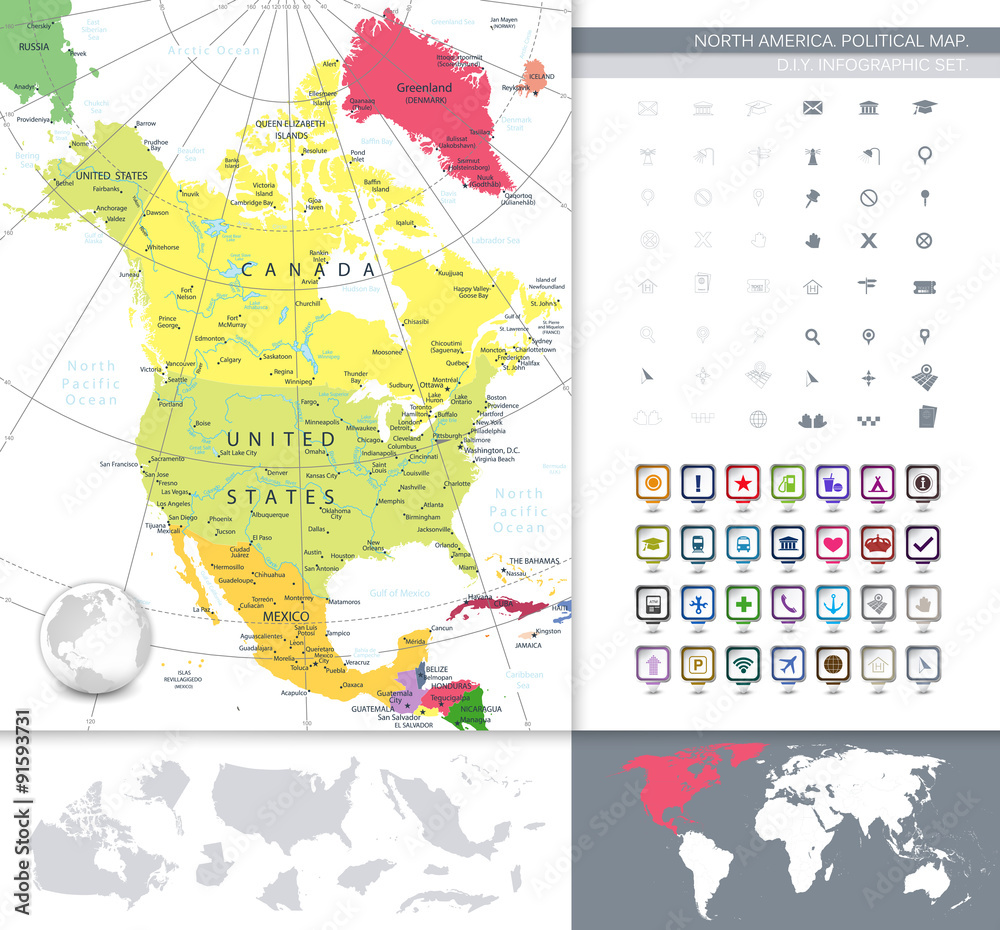 North America detailed political map with a 3D square icons Stock ...