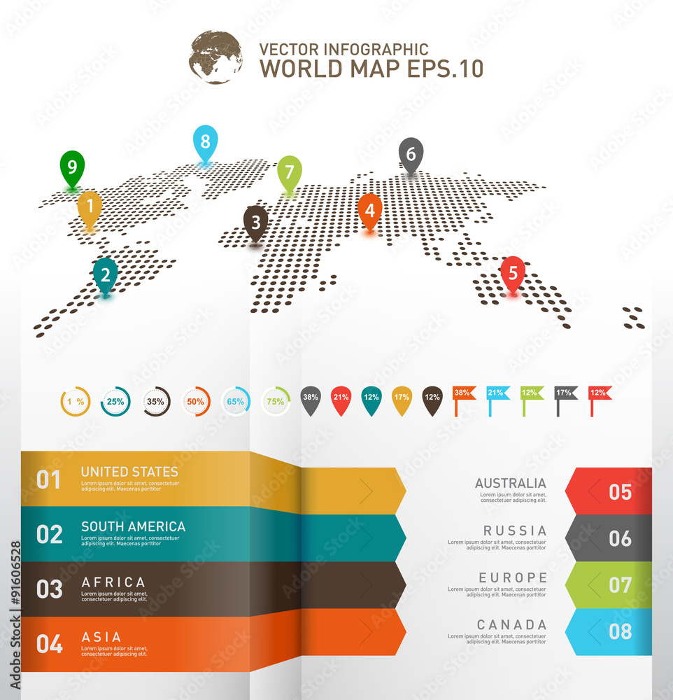 World map infographics, Digital world map with pointer marks, editable ...