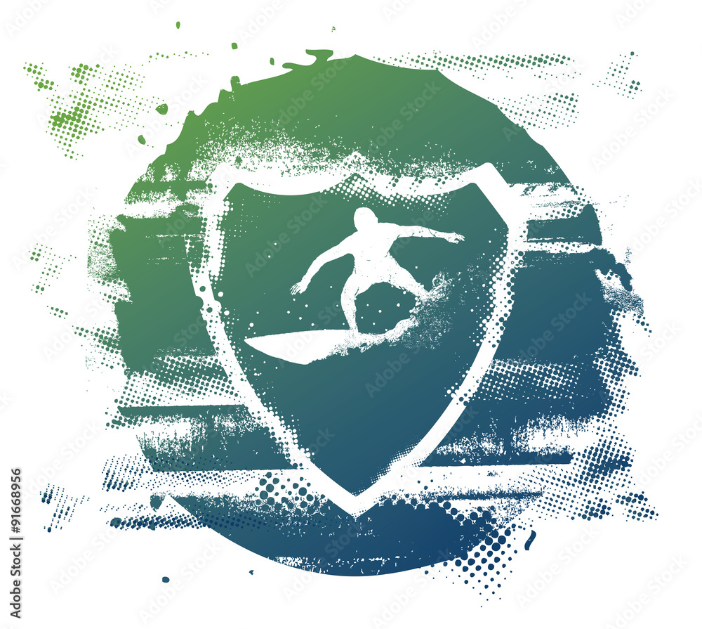 stencil and retro surf shield with surfer Stock Vector | Adobe Stock