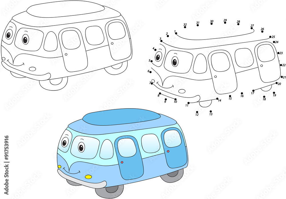 Cartoon bus. Vector illustration. Coloring and dot to dot game f Stock ...