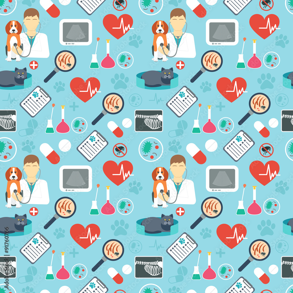 Veterinary seamless pattern. Vet clinic. Flat design. Blue background ...