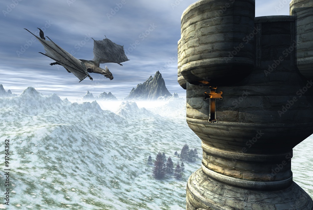 Dragon Tower - Fantasy illustration of a dragon flying towards a lonely ...