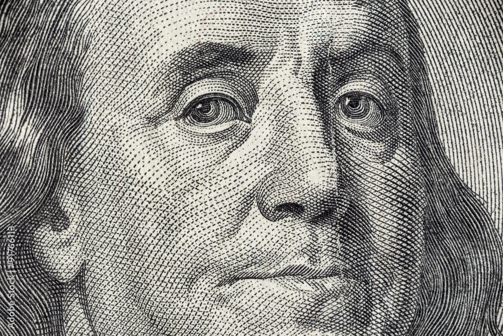Benjamin Franklin's face on the US 100 dollar bill Stock Photo | Adobe ...