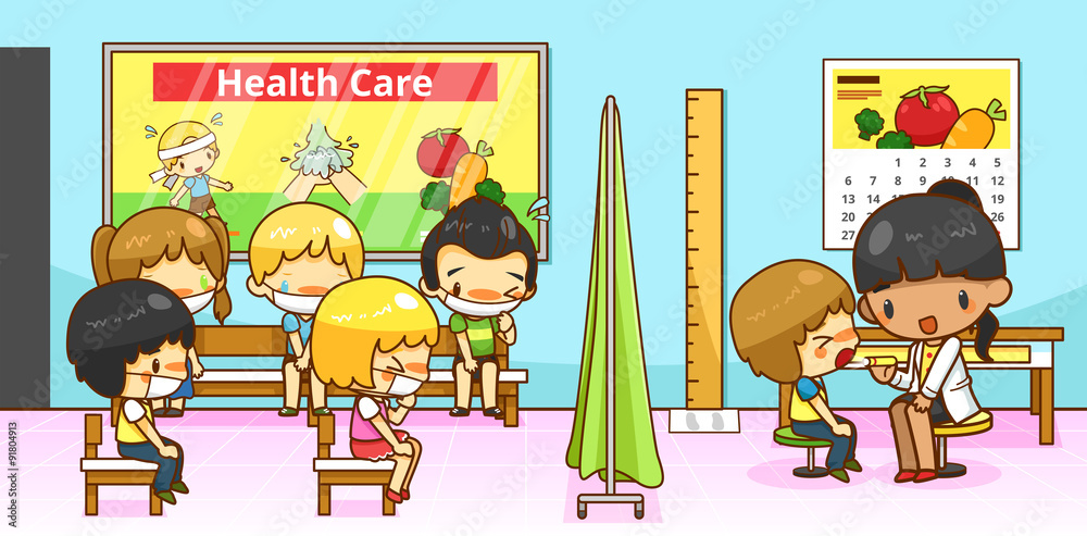 Cartoon doctor or pediatrician diagnoses group of kindergarten student ...