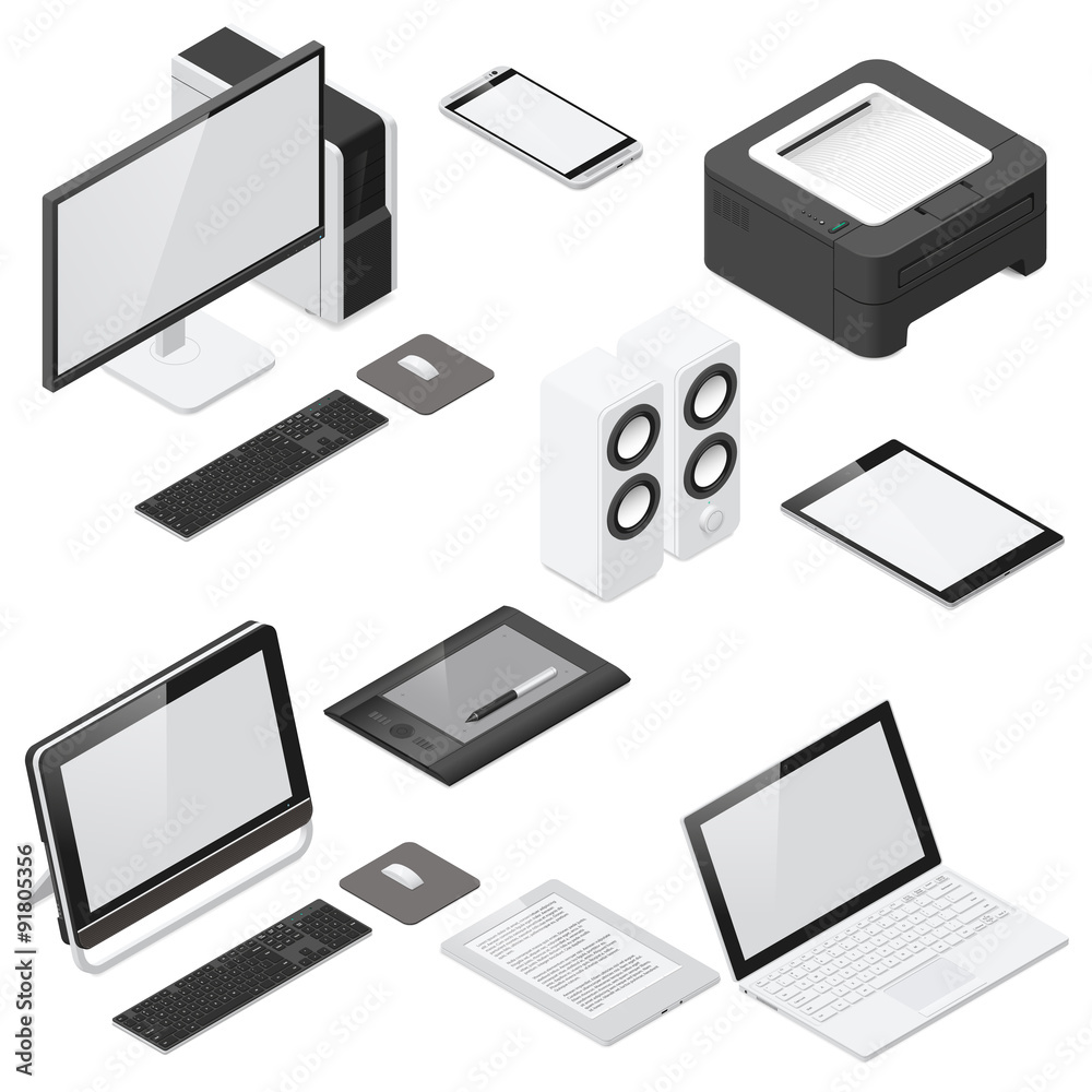 Computer and office devices detailed isometric icon set Stock Vector ...