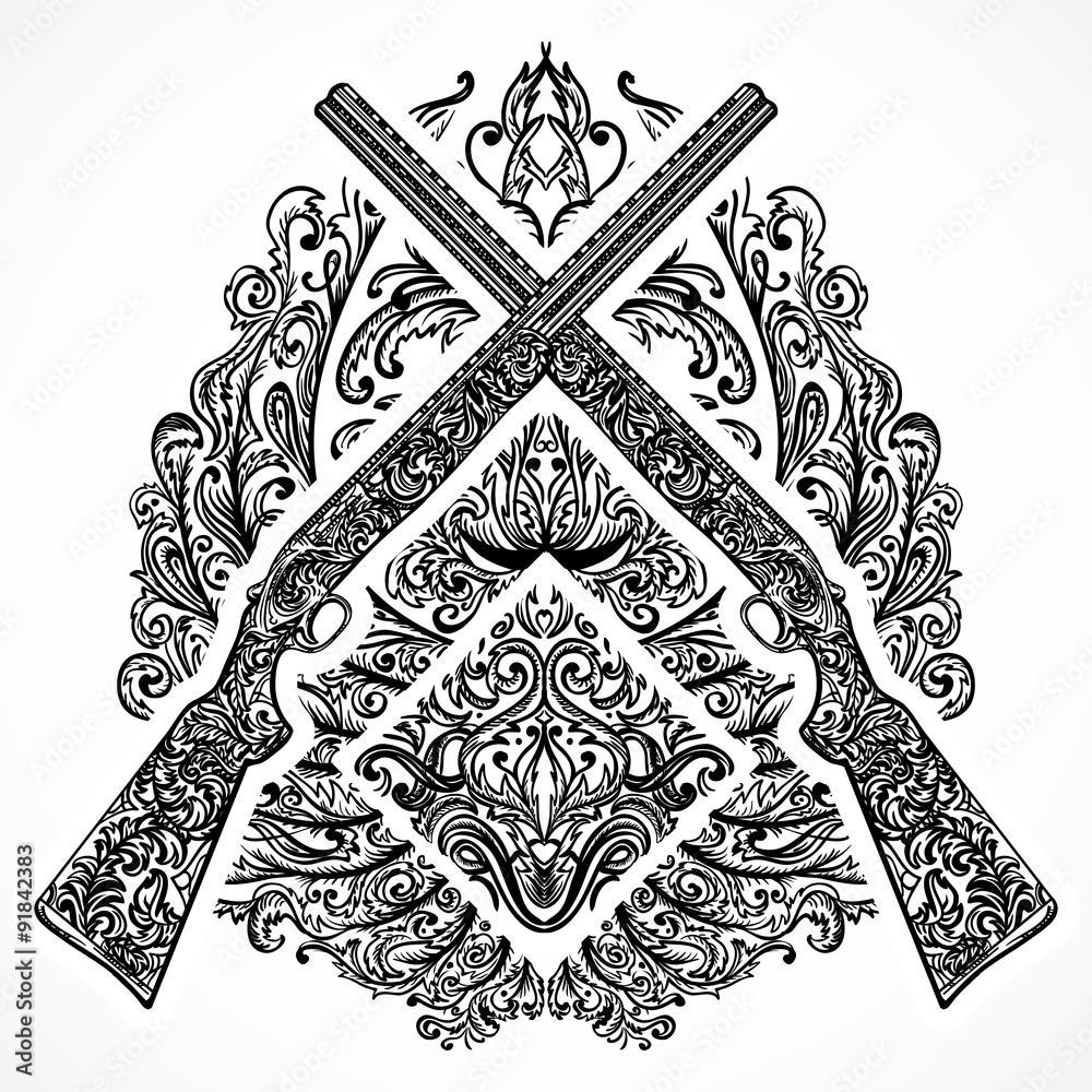 Hand drawn retro shotgun on ornate background in vintage style. Tattoo ...