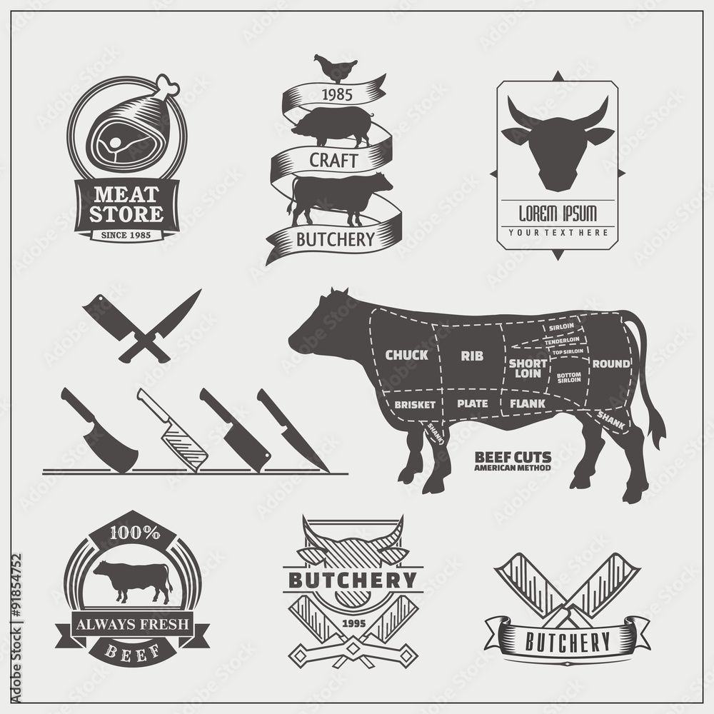 American cuts of beef. Vector set of beef logos, labels, knives and ...