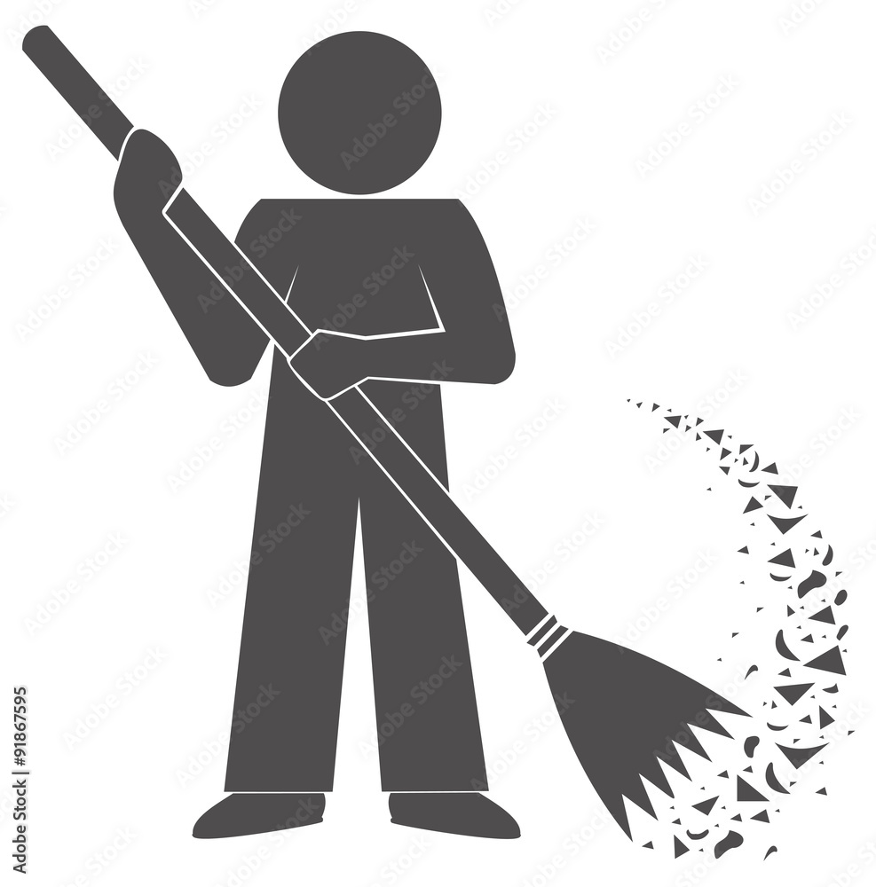 Janitor cleans garbage. symbol. Sweep broom. sign. gray silhouette ...