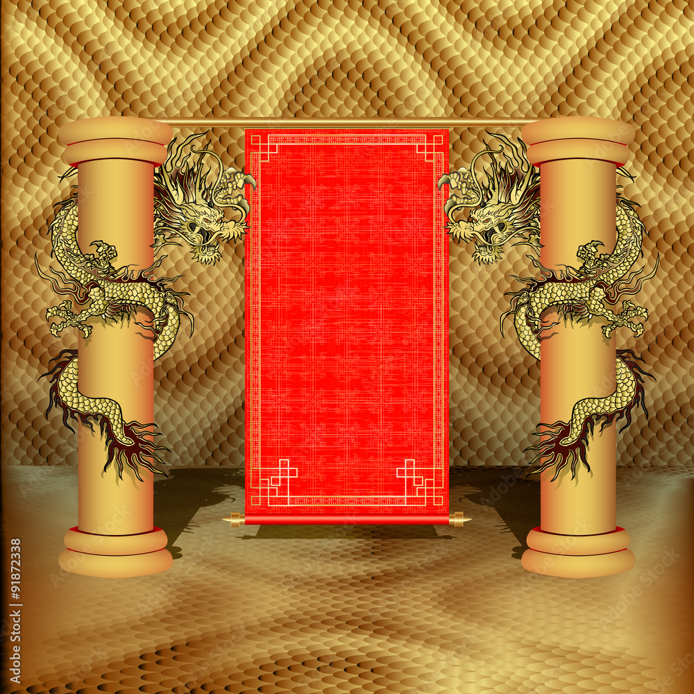 Stock Vector Chinese dragon on the pillar with a red scroll in ...