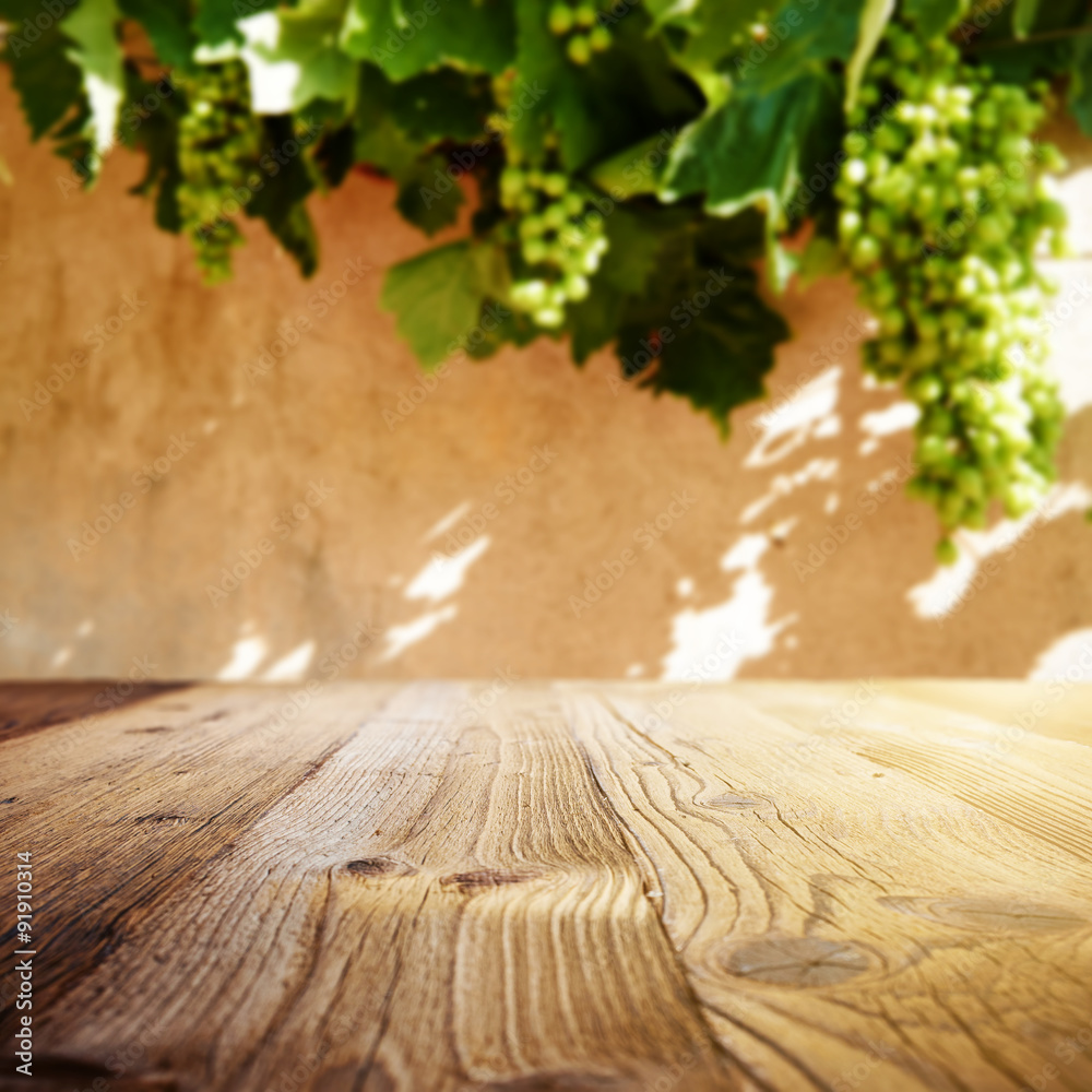 Wine background. Autumn design with vineyard and empty display. Stock ...