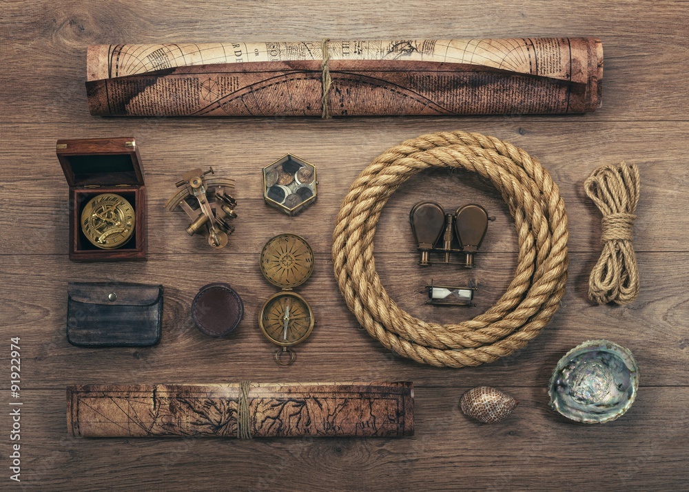 Overhead view of pirate or sailor gear laid out for a backpacking trip ...