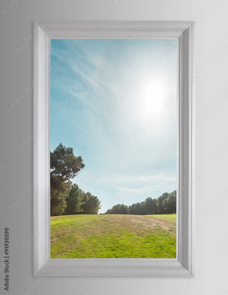 Residential window and trees and sky behind Stock-Foto | Adobe Stock