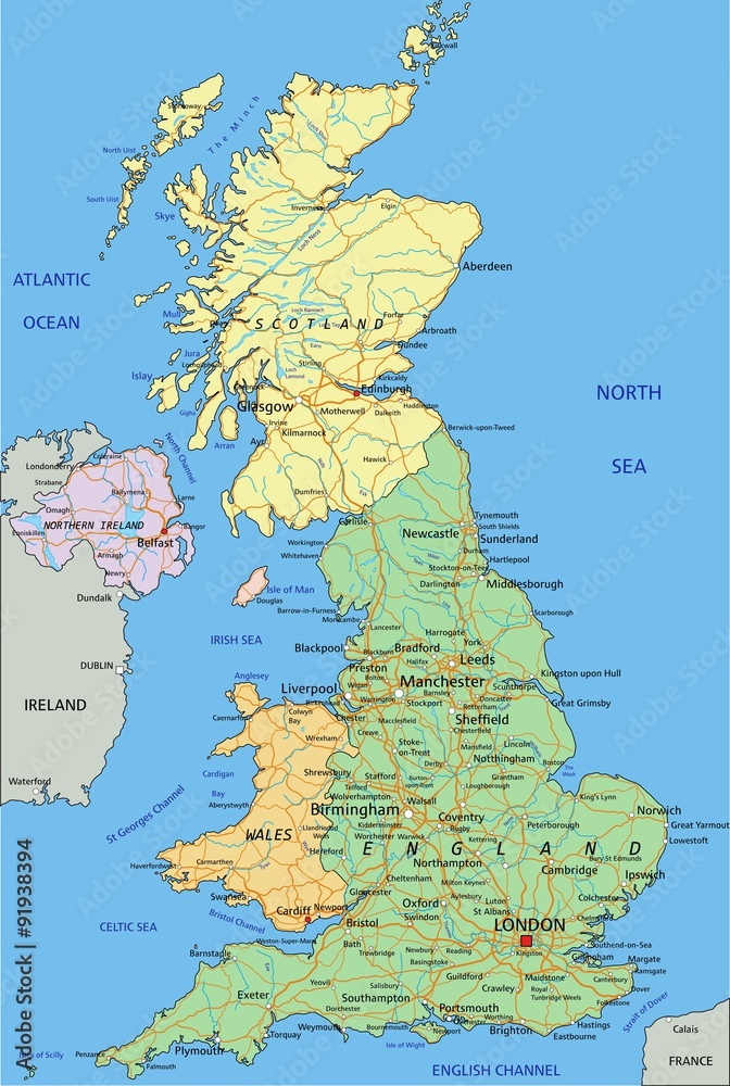 Poster United Kingdom - Highly detailed editable political map with ...