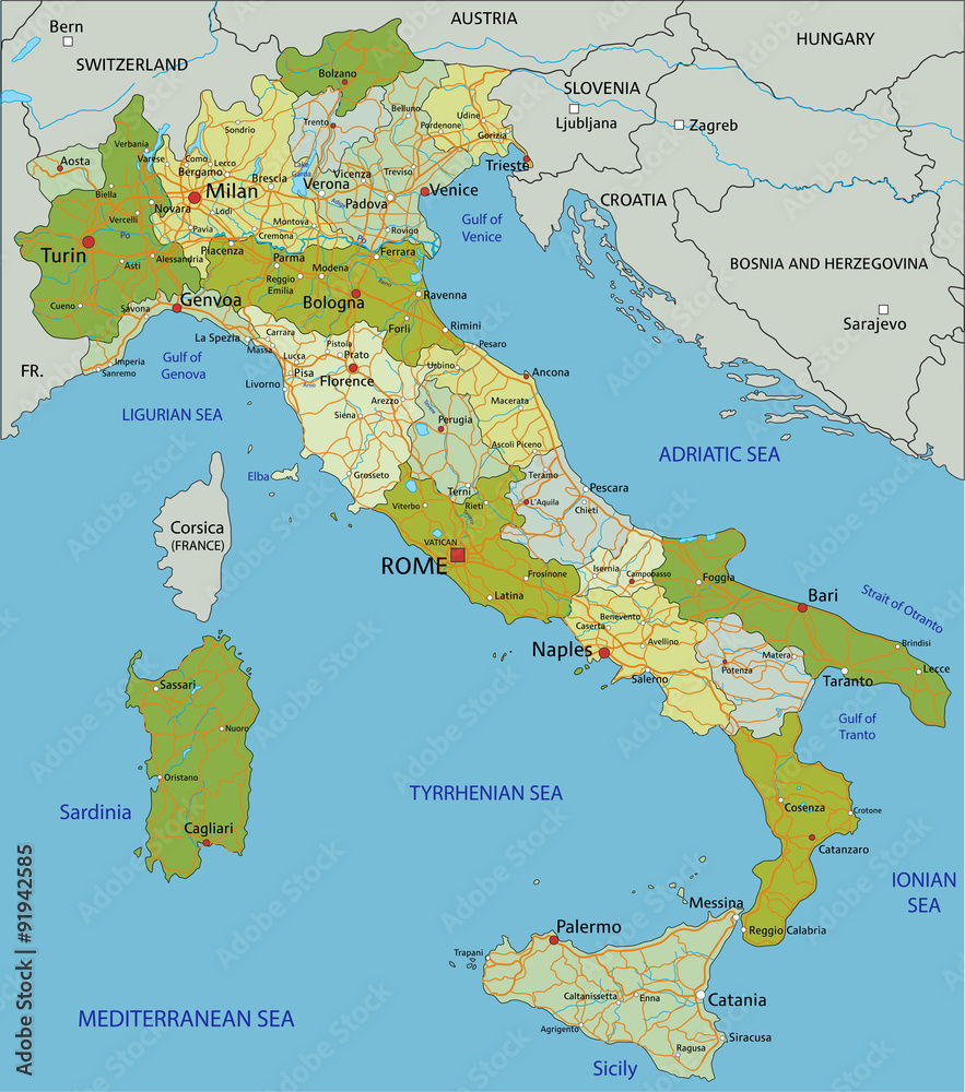 Highly detailed editable political map with separated layers. Italy ...