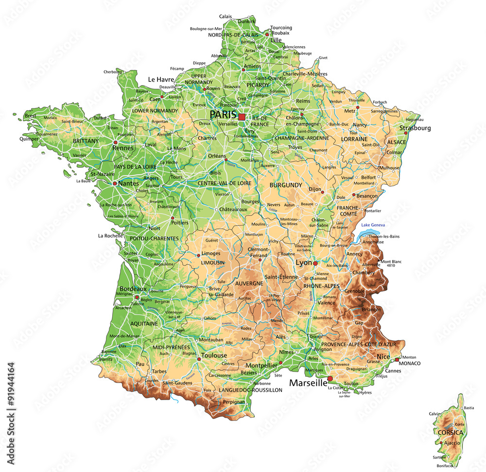 Poster High detailed France physical map with labeling. – Wall Art ...