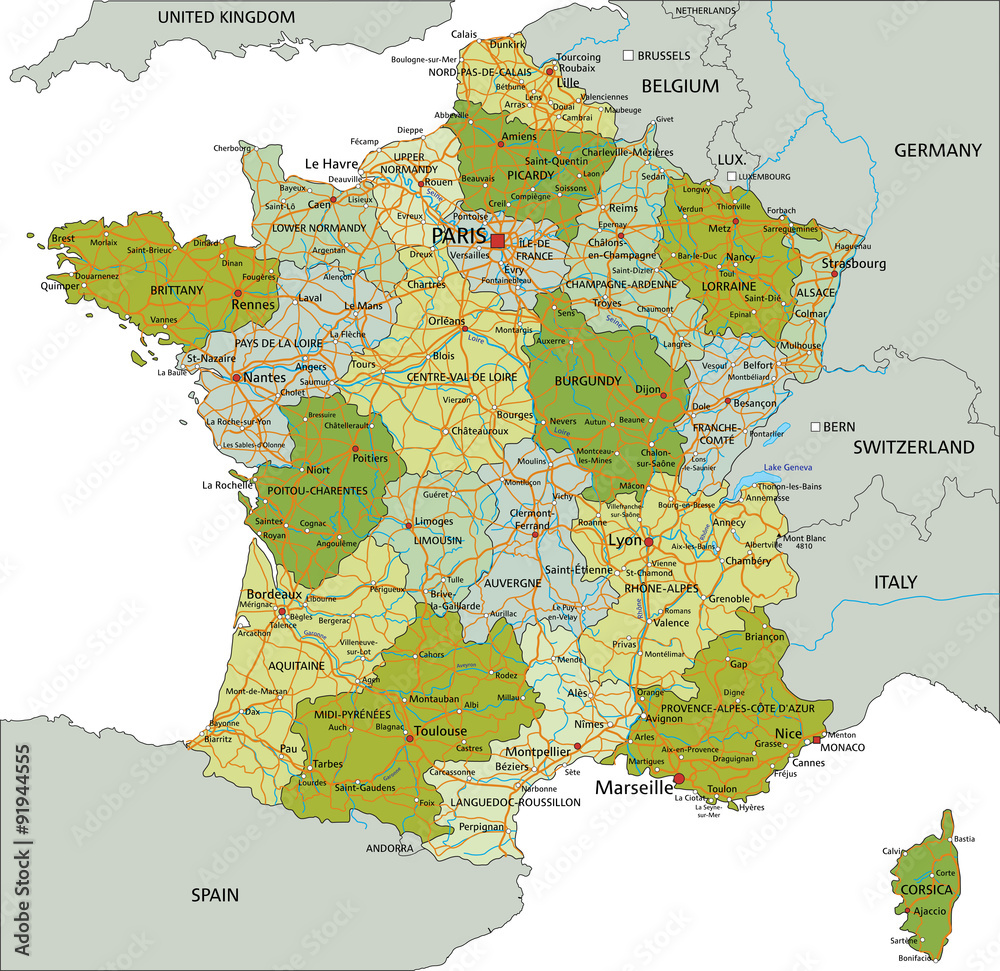 Highly detailed editable political map with separated layers. France ...