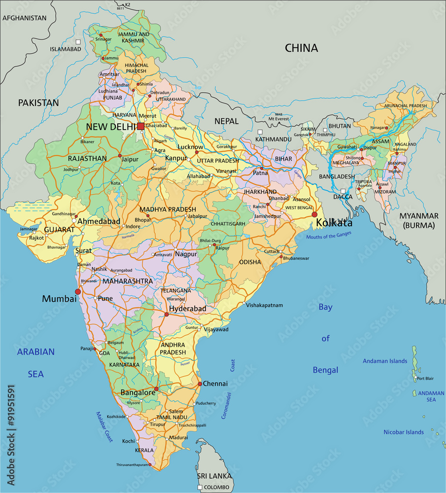 India - Highly detailed editable political map with labeling. Stock ...