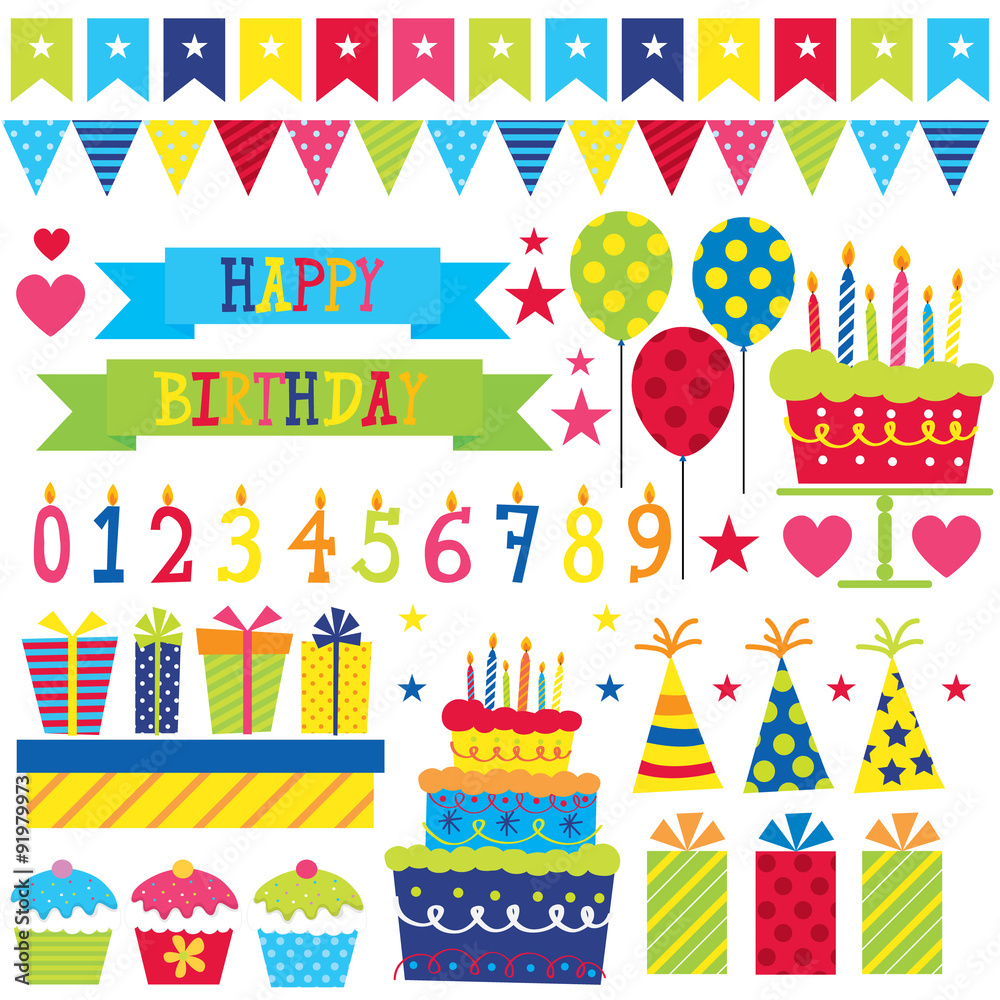 Birthday party Set with cupcake,present,banner,party hat, balloon, and ...