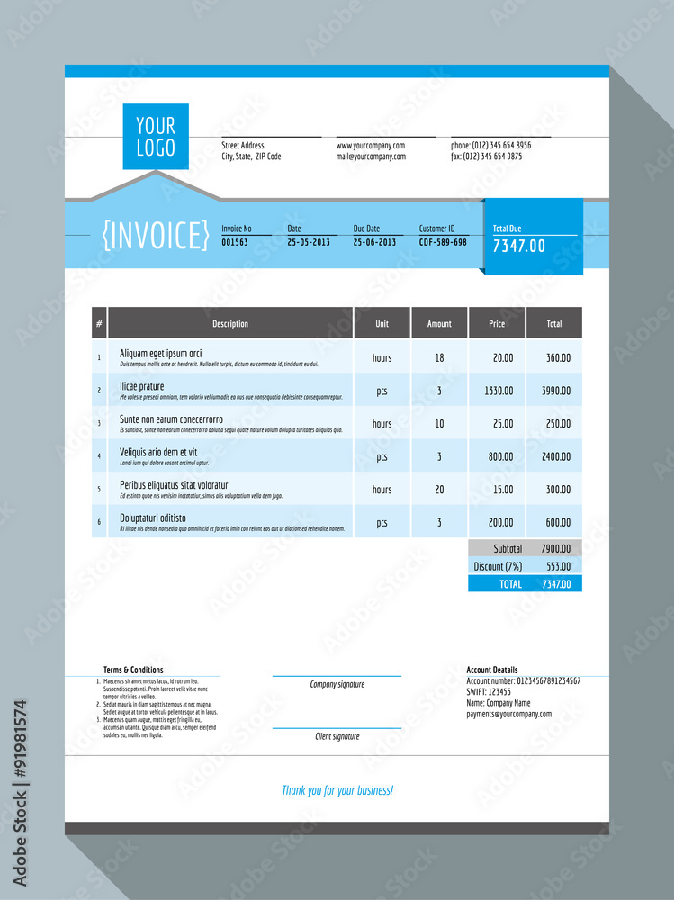 Vector Customizable Invoice Form Template Design. Vector Illustration ...