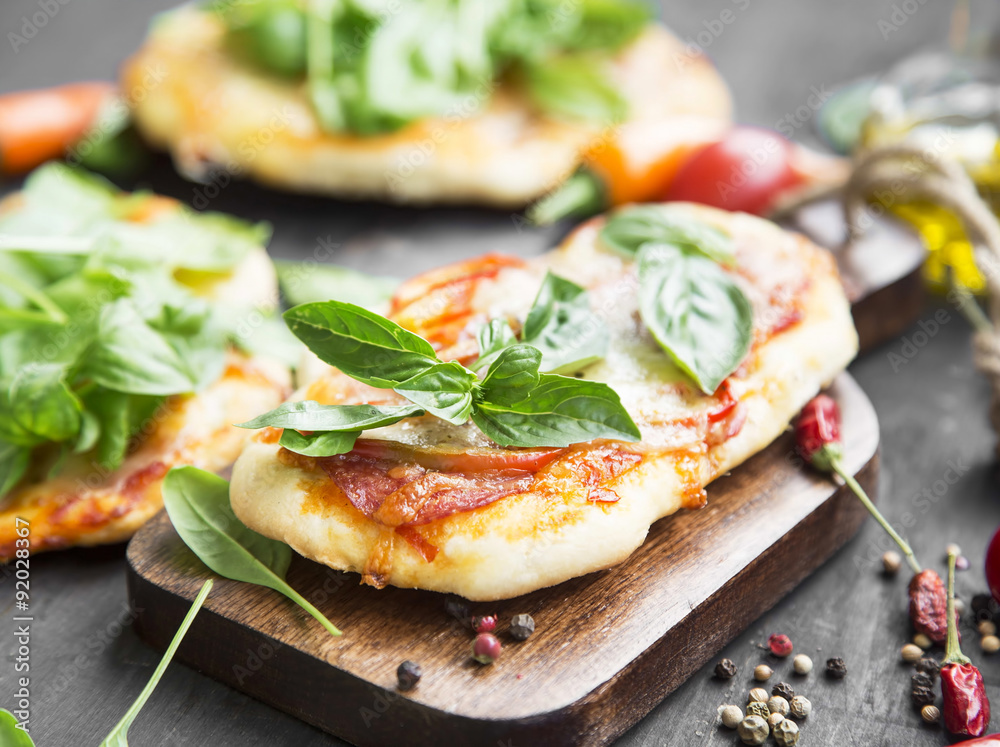Mini Pizzas with Mozzarella, Cheese, Tomato Sauce and Fresh Basi Stock ...