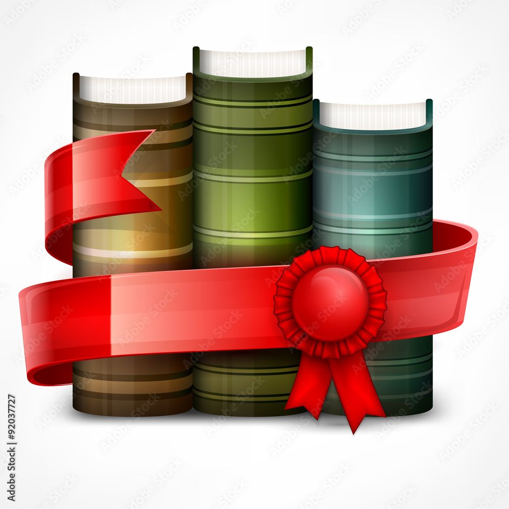 Stack of books with red ribbon on white, illustration Stock ...