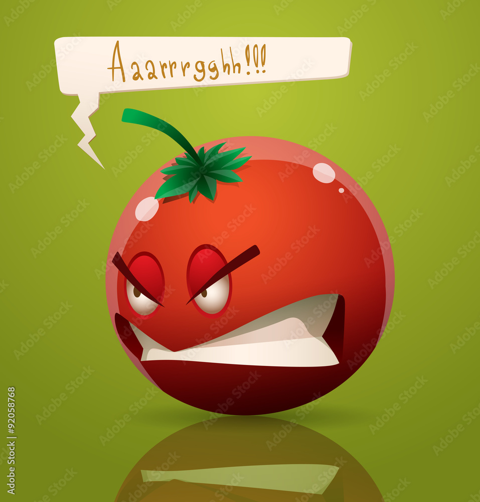 Vector red angry cartoon tomato on a light green background. The text ...