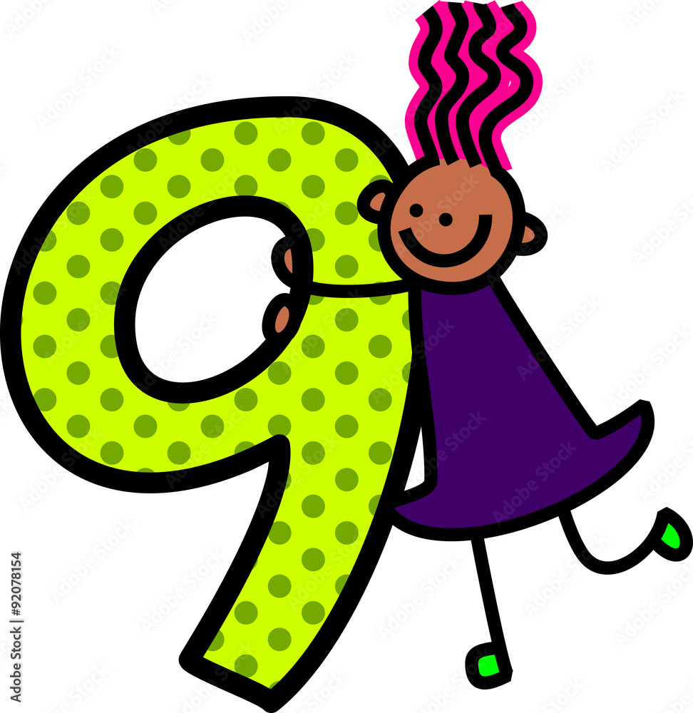 A cute cartoon doodle of a little girl holding a giant number nine ...