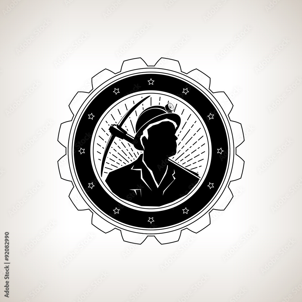 Miner in the Helmet with a Flashlight is Holding Pickaxe on the ...