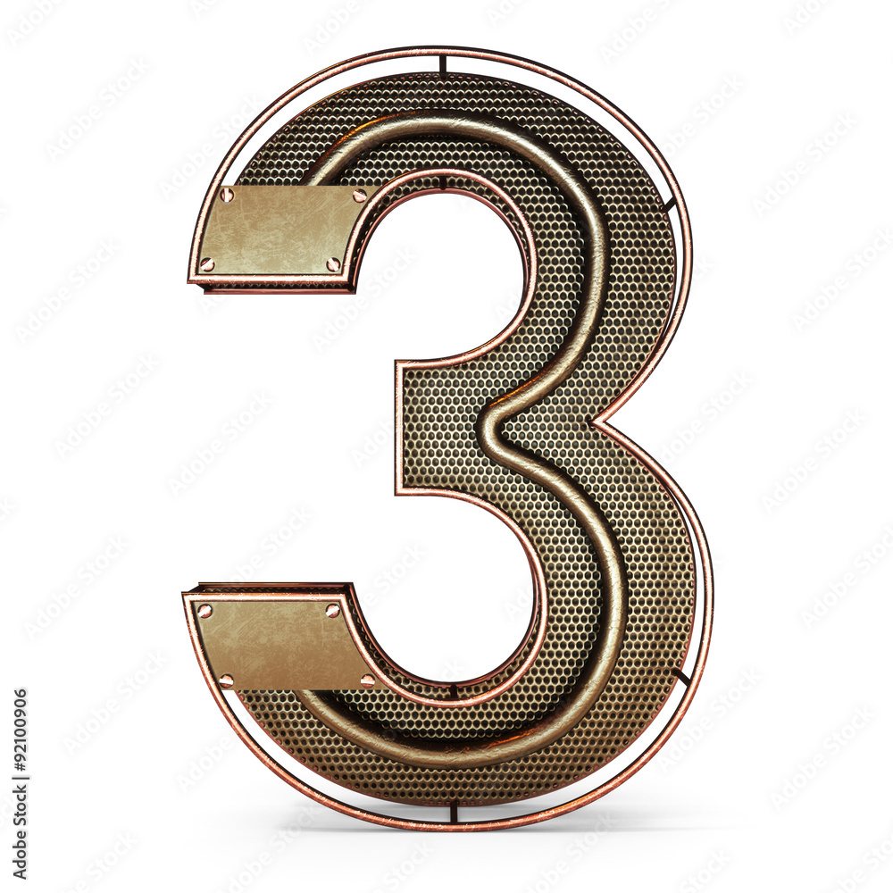 3d number three 3 symbol with rustic gold metal, mesh, tubes with ...