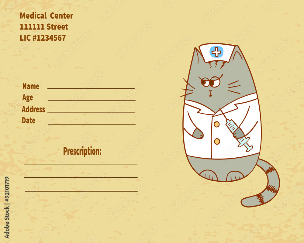 Cute cartoon nurse cat with injector. Vector prescription form. Stock ...