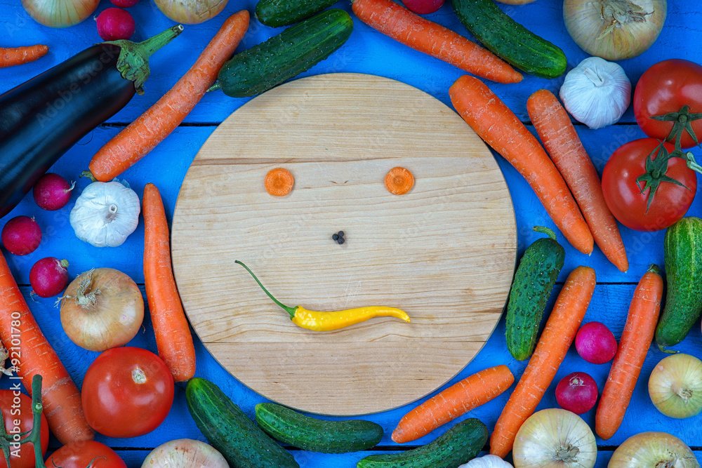 Smiley face made from vegetables among fresh vegetables Stock Photo ...