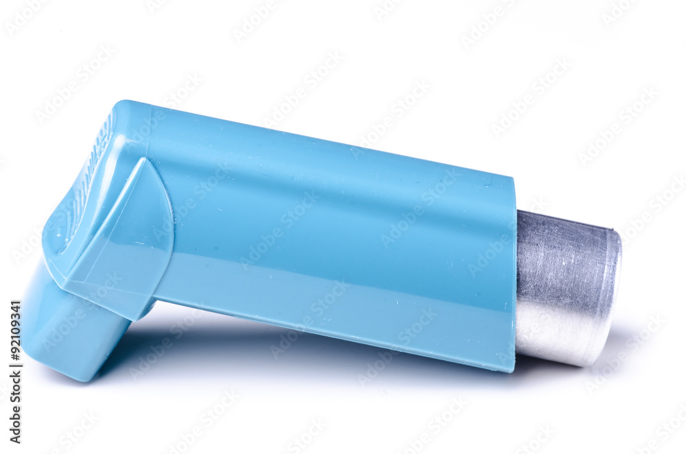 Blue asthma drug inhaler on white background studio shot Stock Photo ...