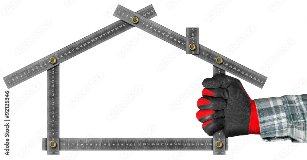 Gloved Hand Holding a Symbolic House / Hand with red and black work ...