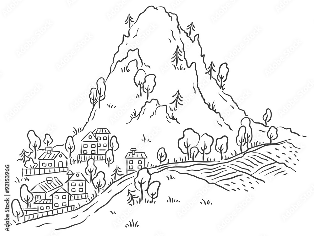Cartoon town at the foot of the mountain Stock Vector | Adobe Stock