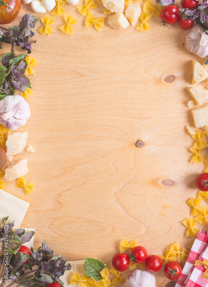 Rustic wooden food background with italian food ingredients Stock Photo ...