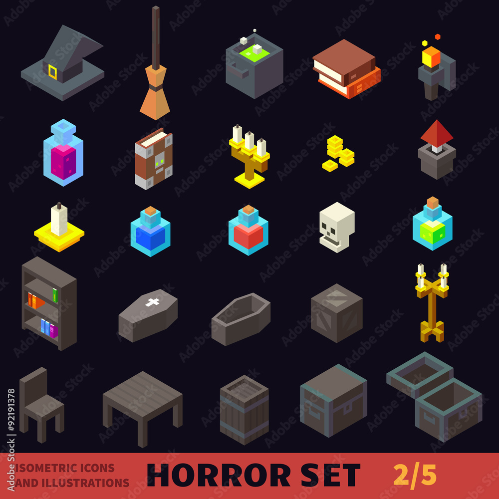 Isometric horror flat vector icon set: hat, potion, broom, coffin ...