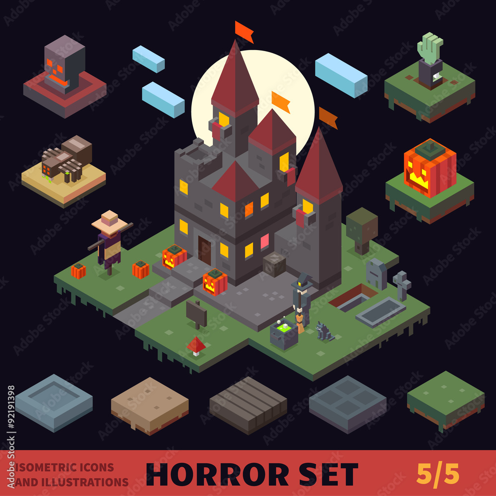 Isometric horror vector flat tiles and objects compilation. Creepy ...
