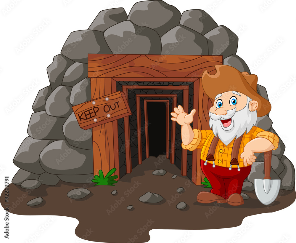 Cartoon mine entrance with gold miner holding shovel Stock Vector ...
