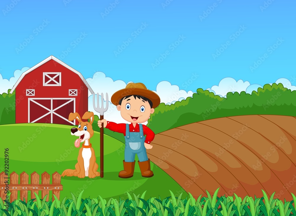 Cartoon little farmer and his dog with farm background Stock Vector ...