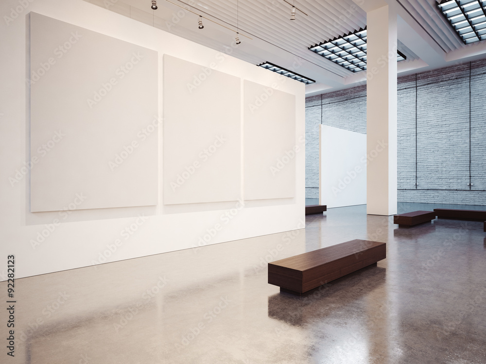 Mockup of empty gallery with bench. 3d render Stock Illustration ...