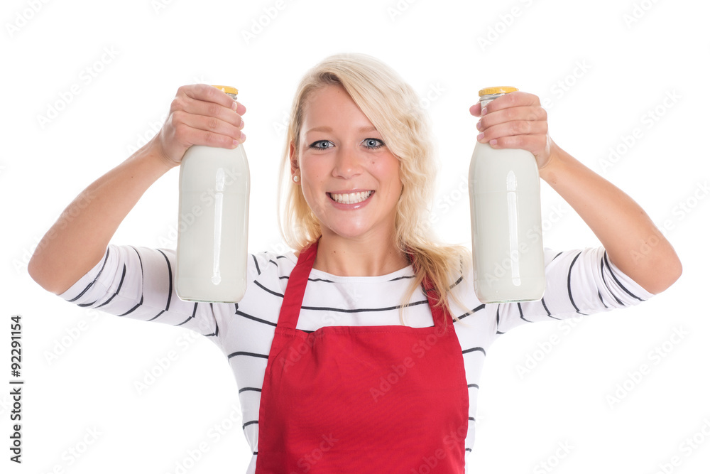 Frau präsentiert 2 Liter Milch in Glasflaschen Stock-Foto | Adobe Stock